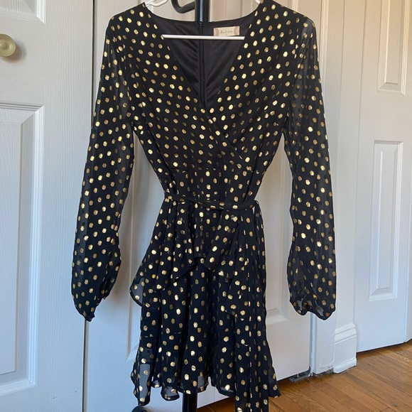 Altar'd State | Dresses | Gold And Black Polka Dot Party Dress | Poshmark